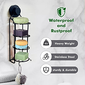 4 Tier Bar Soap Holder for Shower Wall, Stainless Steel Self Draining Rustproof Rack Powerful No Drilling Shampoo Bar Holder with Strong Suction Cup for Shower Wall Bathroom Kitchen (Black)