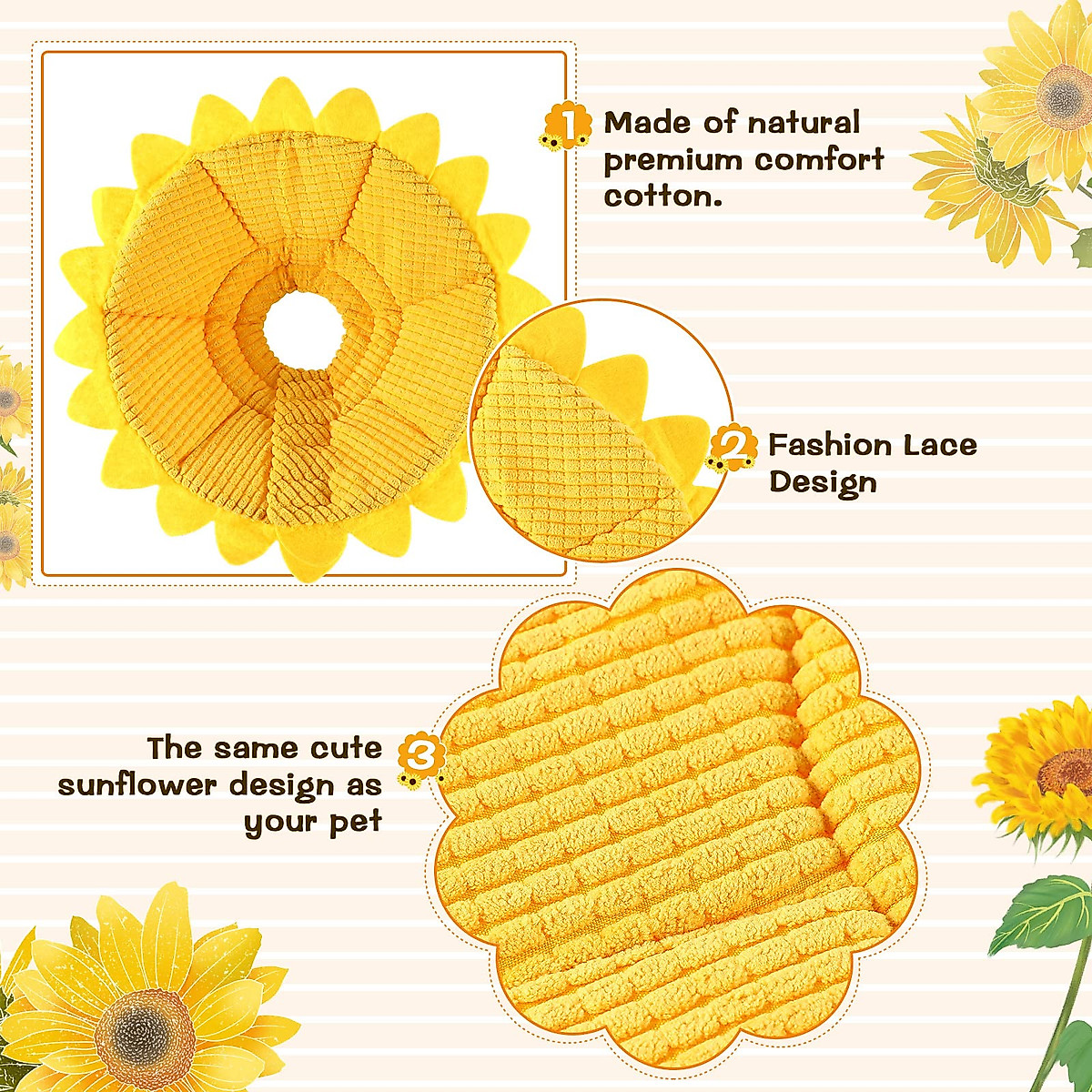 Sunflower Cat Recovery Collar Soft Cat Cone Collar Pet Cones for Cats Cotton Pet Cone Collar Adjustable Sunflower Elizabeth Collar Postoperative Protection Soft Cone for Cats and Dogs(Medium)