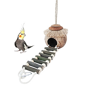 NOTRAK Natural Coconut Bird Nest, Coconut Hide, Cute Nest with Ladder for Home, Coconut Bird Shell Breeding Nest for Home, Garden, Yard, Universal Bird Hut with Rope for Birds, Reptiles and Mammals