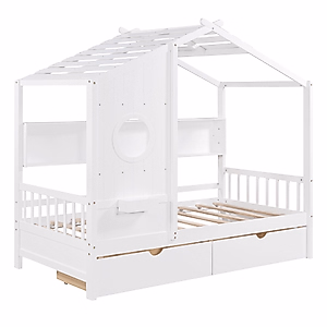 Guxeei Twin Size Wooden House Bed with 2 Drawers, Modern Design Kids Bed Frame with Storage Shelf for Kids Teens Adults, Wood Slat Support, No Box Spring Needed, Easy Assembly (White)