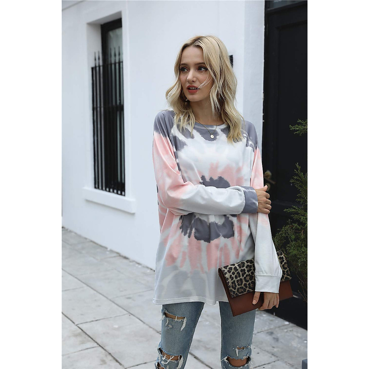 Famulily Women Tie Dye Long Sleeve Tshirt Crewneck T Shirts Long Sleeve Tops Summer Clothing(Grey,M)