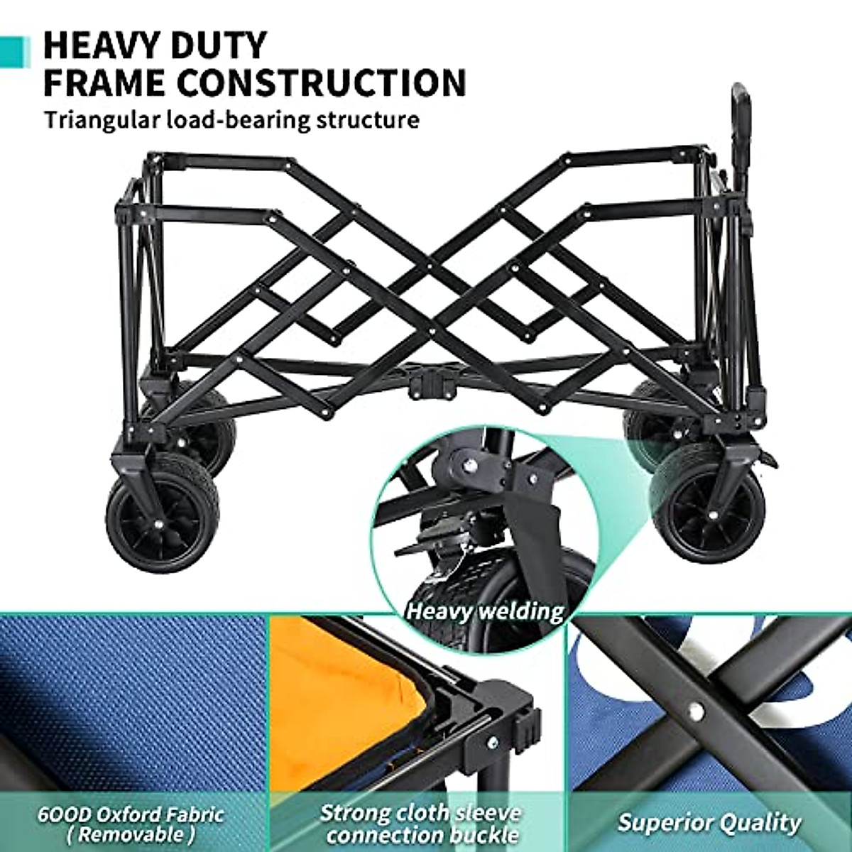 EchoSmile Collapsible Folding Wagon Cart, Beach Wagon for Sand with Big Wheels, Heavy Duty 400lbs Capacity Utility Wagon, Portable Garden Cart with Adjustable Handle, Foldable Grocery Wagon for Sports