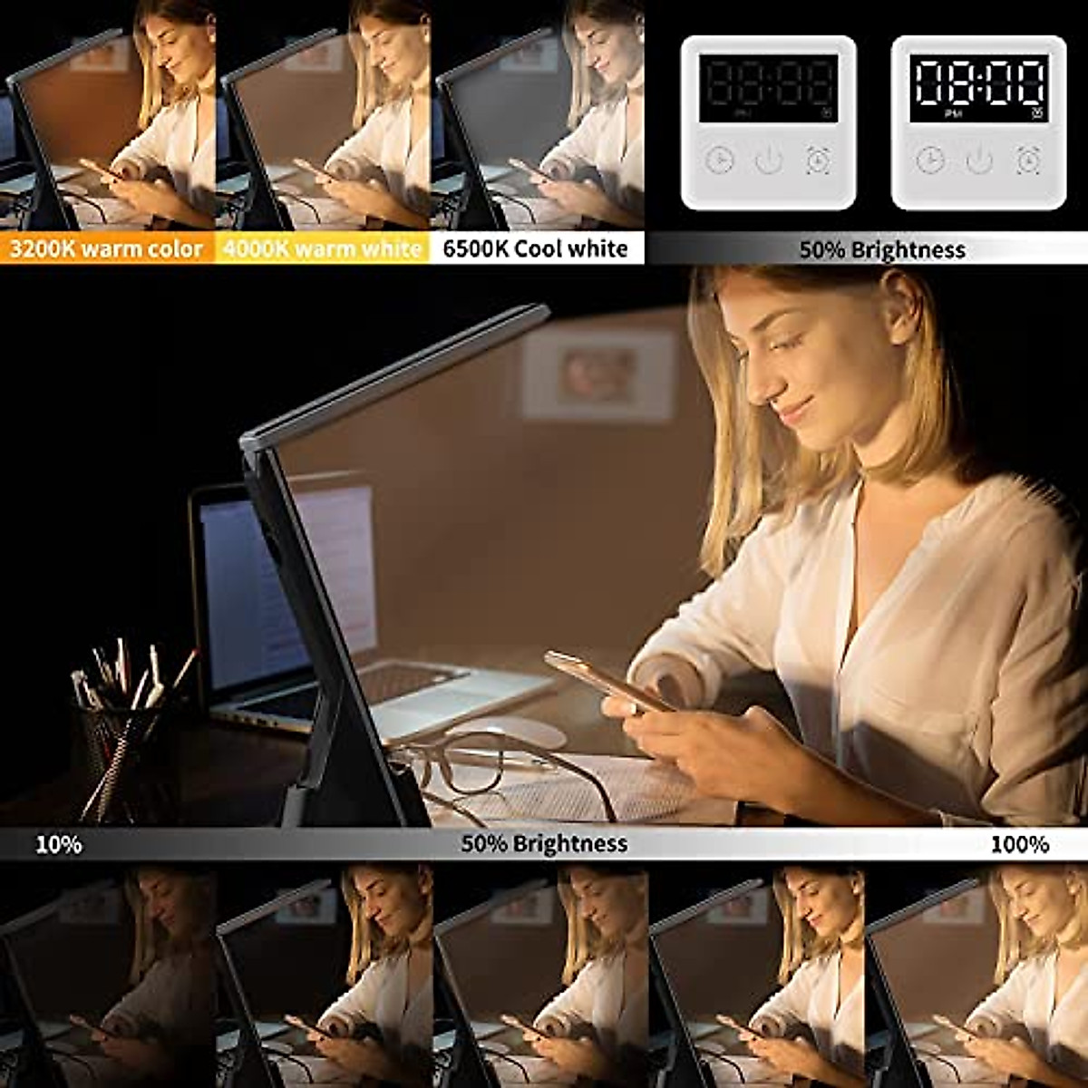 GAOHANG LED Desk Lamp with Wireless Charger 3 in 1 Fast Charging Station, Touch Control Desk Lamp with Clock, Alarm, 3 Lighting Modes & Stepless Brightness Home Office Eye-Caring Table Lamps Black