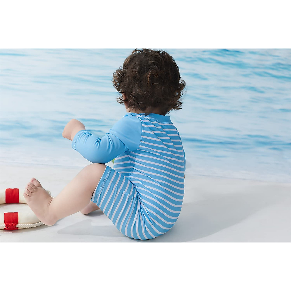UMELOK Infant Swimwear Boy One Piece Full Zip with Long Sleeve UPF 50+ Sun Protection Swimsuit Sky Blue-Stripe,6M