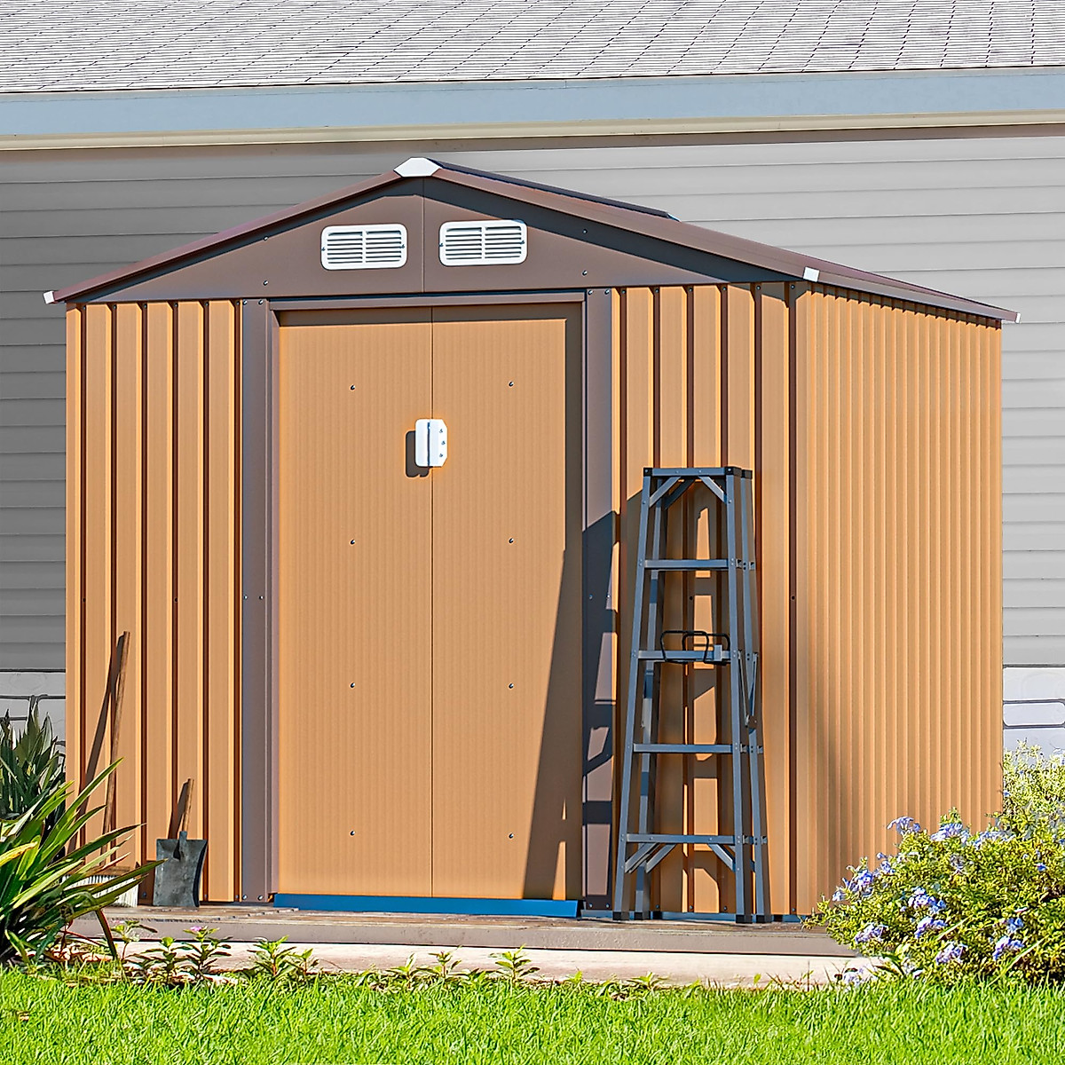 JAXPETY Sheds & Outdoor Storage 6x8 FT Garden Shed Tool Metal Outdoor Storage Shed with Sliding Doors for Backyard, Patio Coffee