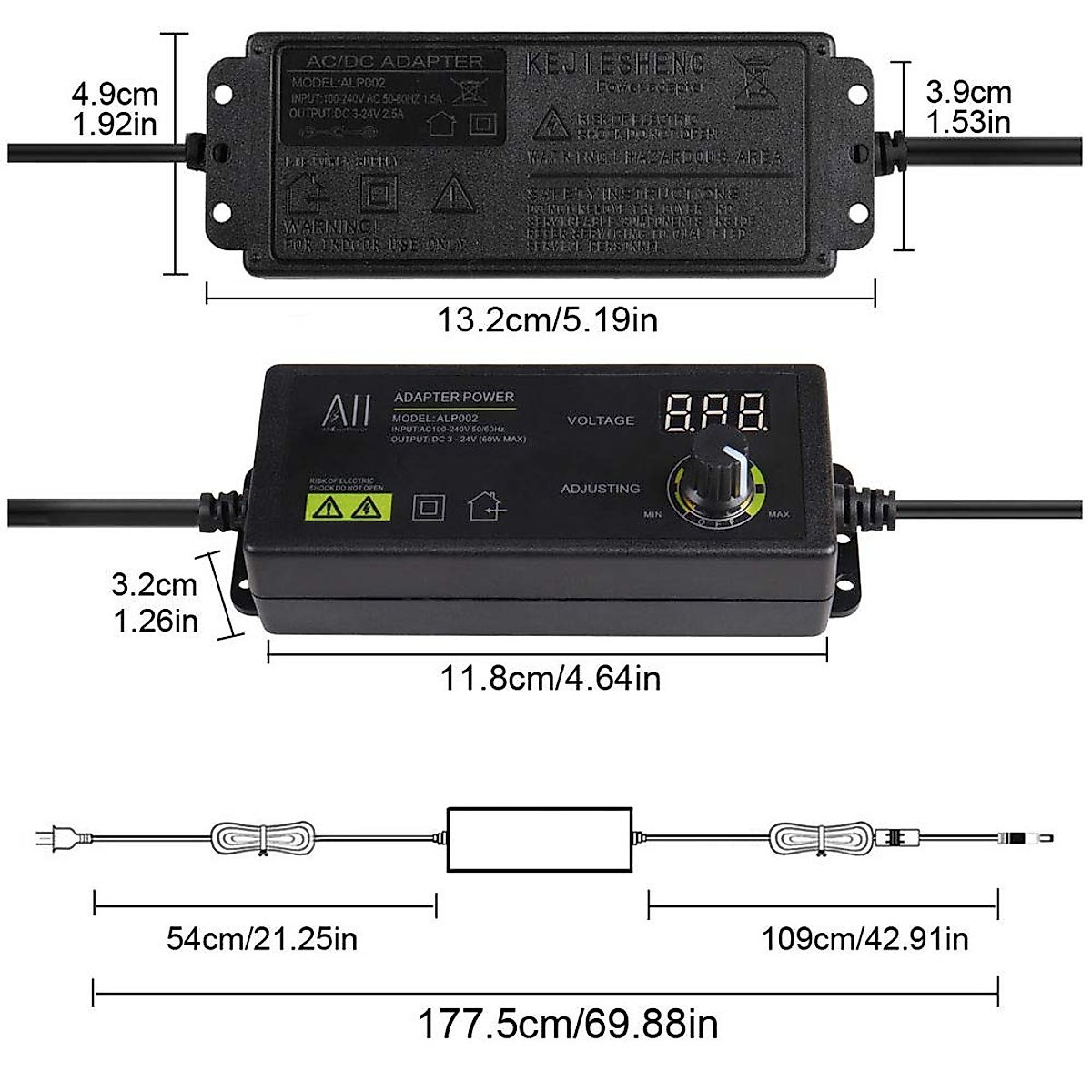 Universal 3V - 24V 1.5A 36W Adjustable DC Power Supply Adapter Speed Control Volt Display with Variable 8 Plugs and 1 Polarity Reverse Cable Cord