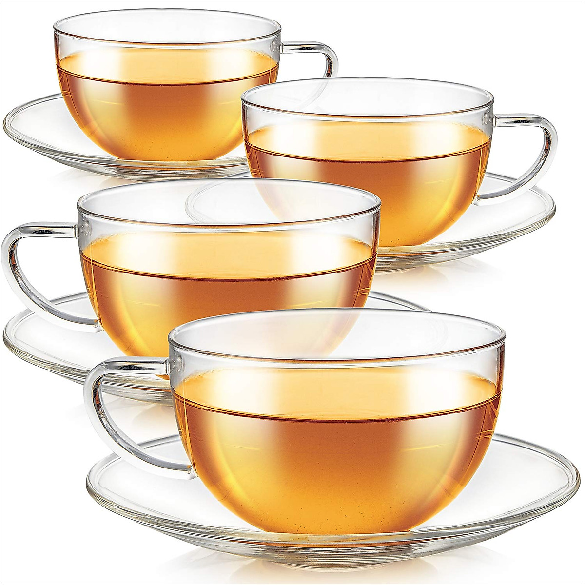 Teabloom Kyoto Teacup and Saucer Set 4-Pack – 12 OZ/ 350 ML Capacity – Premium Borosilicate Glass – Heat Resistant, Microwave Safe – Glass Mug Set