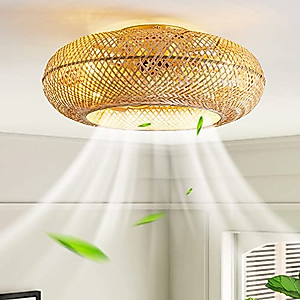 hummingbird Boho Ceiling Fan with Lights Flush Mount, 20 Inch Rattan Caged Ceiling Fans with Light and Remote Control, Bamboo Enclosed 6 Speeds for Bedroom, Living Room