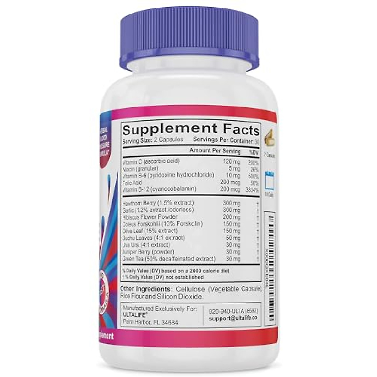 ULTALIFE Blood Pressure Supplements - Advanced Blood Pressure Supplement Complex - Hawthorn Berry, Hibiscus, Garlic, Forskolin - 14 Vitamins & Herbs, 30 Day Supply in Veggie Capsules