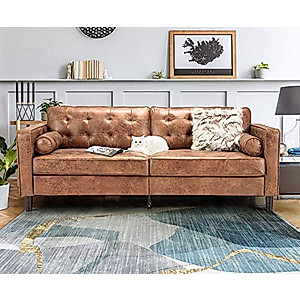 Esright 84.2”Mid-Century Sofa Couch,Tufted Synthetic Suede Fabric Modern Couch with 2 Bolster Pillows, Sofas Couches for Living Room,Apartment,Dorm & Office,Saddle Brown
