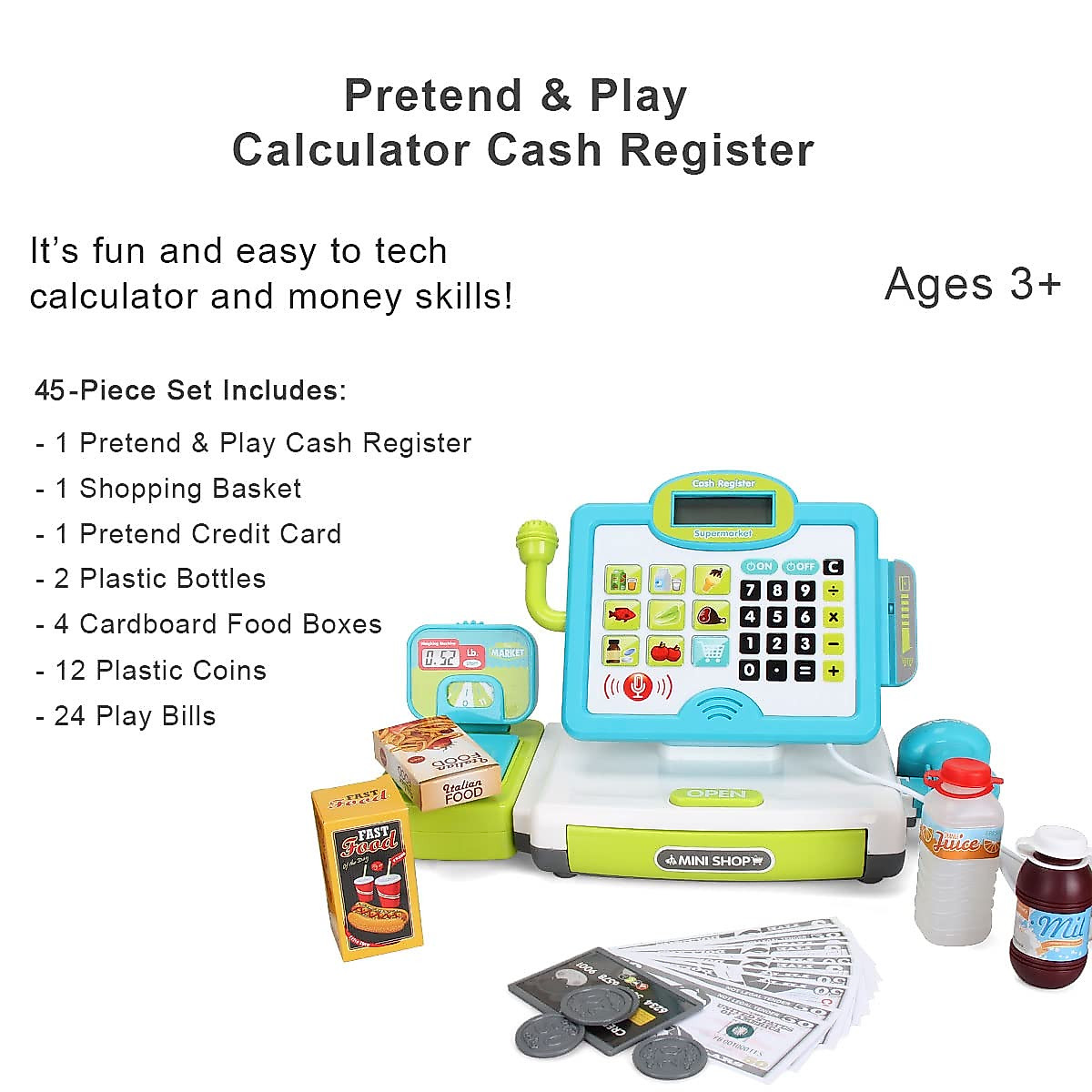 FS Pretend Play Calculator Cash Register Toy as Preschool Gift for Kids, Classic Count Toy with Sound, Microphone, Scanner, Pretend Credit Card, Play Food for Boys & Girls,45 Pieces, Ages 3 4 5 6 7