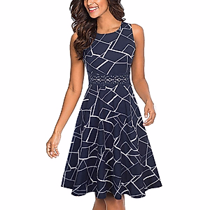 HOMEYEE Women's Sleeveless Cocktail A-Line Embroidery Casual Party Summer Wedding Guest Dress A079(4,Dark Blue Geometry)