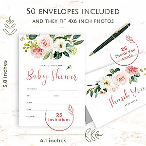 Hat Acrobat Boho Baby Shower Invitations (25pcs) - Pink Floral It's a Girl, Including Envelopes, Diaper Raffle Tickets, Book Request Cards, Thank You Cards