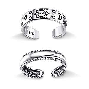 MILACOLATO 2Pcs Sterling Silver Toe Rings for Women 18K White Gold Plated Adjustable Toe Rings Vintage Sun Moon and Star Band Toe Rings Summer Beach Foot Jewelry