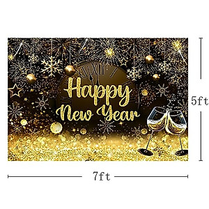 Mehofond 7x5ft Happy New Year Black and Gold Backdrop Countdown 2024 New Year Eve Snowflake Gold Gliter Background Champagne Party Banner Decoration Supplies Photo Booth Props