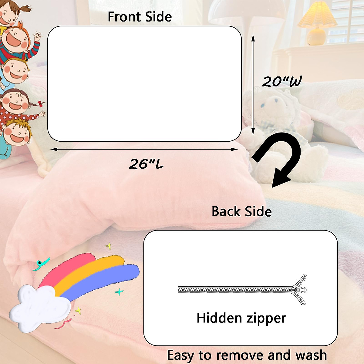 MorroMorn Decorative Pillows Covers Pink Kawaii, 2 Packs Plush Pillow Cases Standard Size, Soft Furry Throw Pillowcase Cushion Shams with Zipper Closure Girls Room Decor (Rainbow Love, Standard)