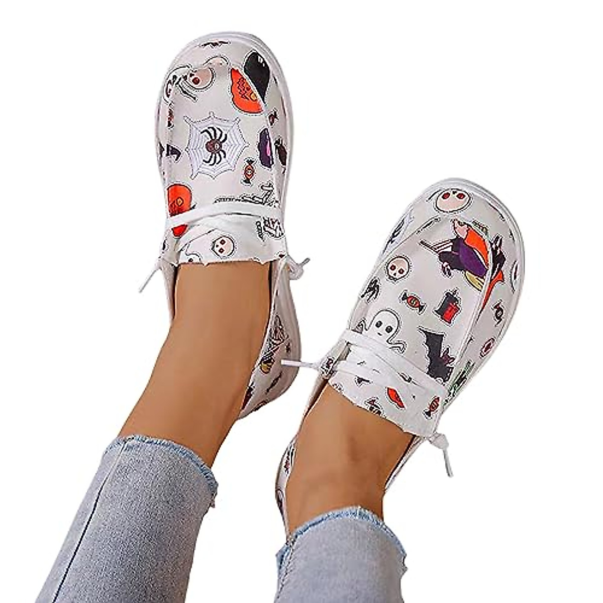Halloween Shoes for Women,Women's Slip on Canvas Loafers Shoes for Women Low Top Sneakers,Women's Halloween Themed Loafers Casual Comfort Fashion Sneakers Pumpkin Printed Lace Up Walking Shoes