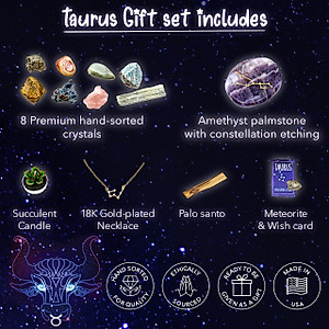 DANCING BEAR Taurus Zodiac Healing Crystals Gift Set (14 Pc): 9 Stones, 18K Gold-Plated Constellation Necklace, Meteorite, Succulent Candle, Palo Santo Smudge Stick & Info Guide, Made in The USA