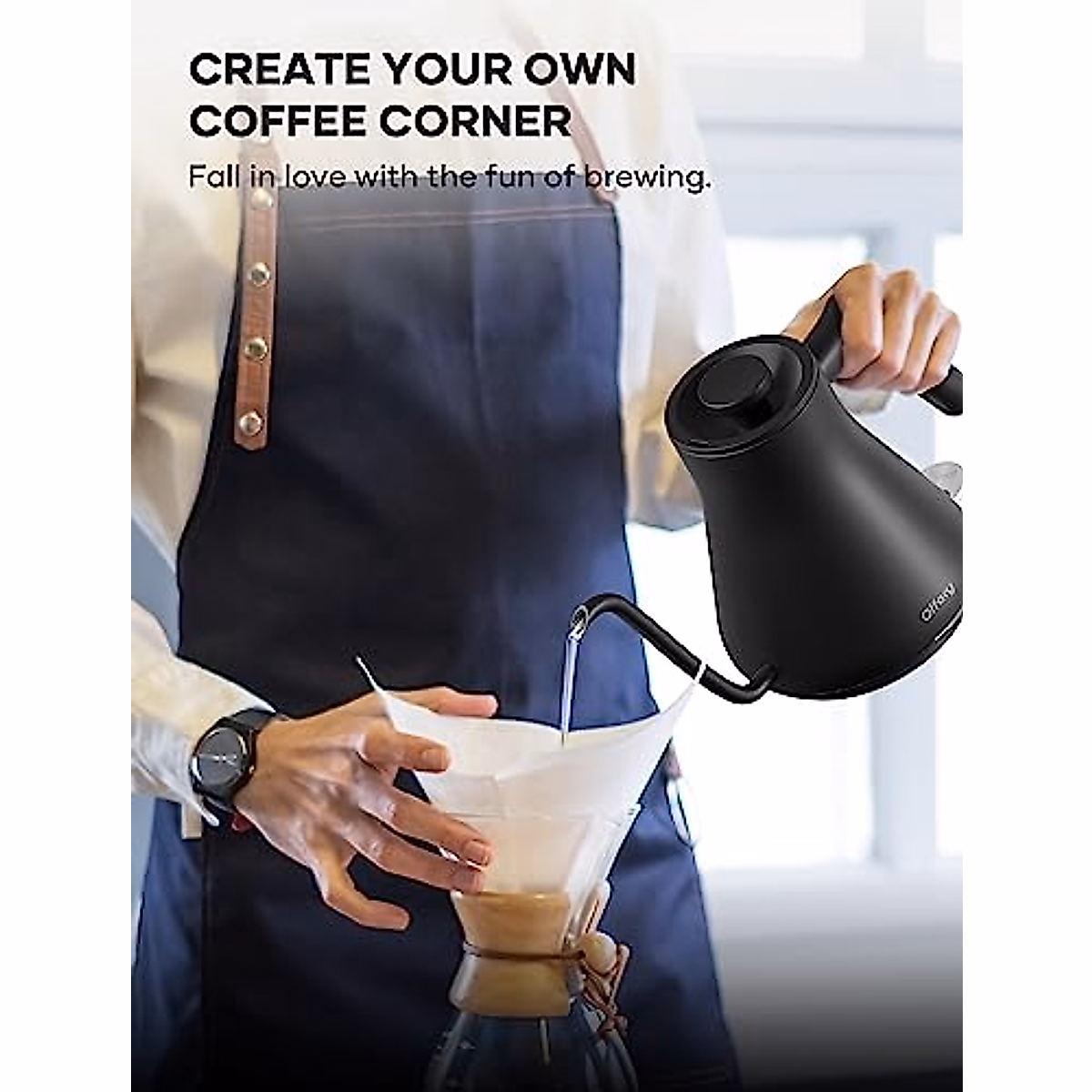 Gooseneck Electric Kettle, Offacy Pour Over Tea Kettle, Full 304 Stainless Steel Inner, 0.68mm Fine V-Shaped Spout, Auto Shut-Off & Boil Dry Protection, BPA Free, 1200W, 0.9L Hot Water Boiler
