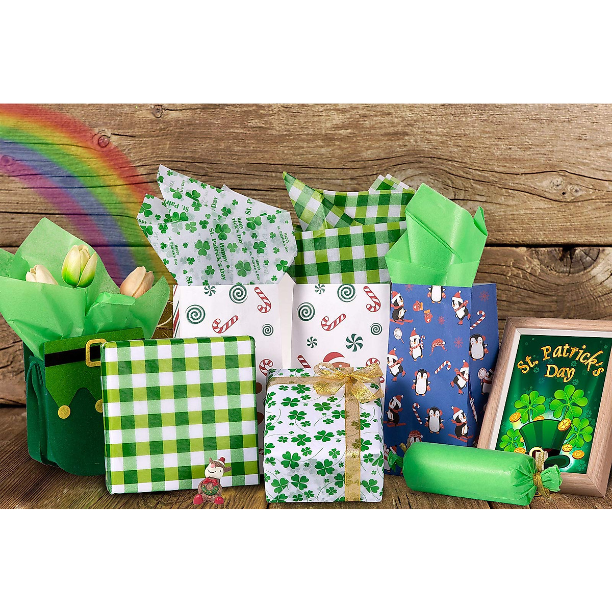 Whaline St. Patrick's Day Tissue Paper 90 Sheet Green Plaid Shamrock Clover Pattern Art Tissue Bulk Irish Spring Holiday Wrapping Paper for DIY Crafts Party Gift Bag Packing Birthday Favors, 14 x 20"