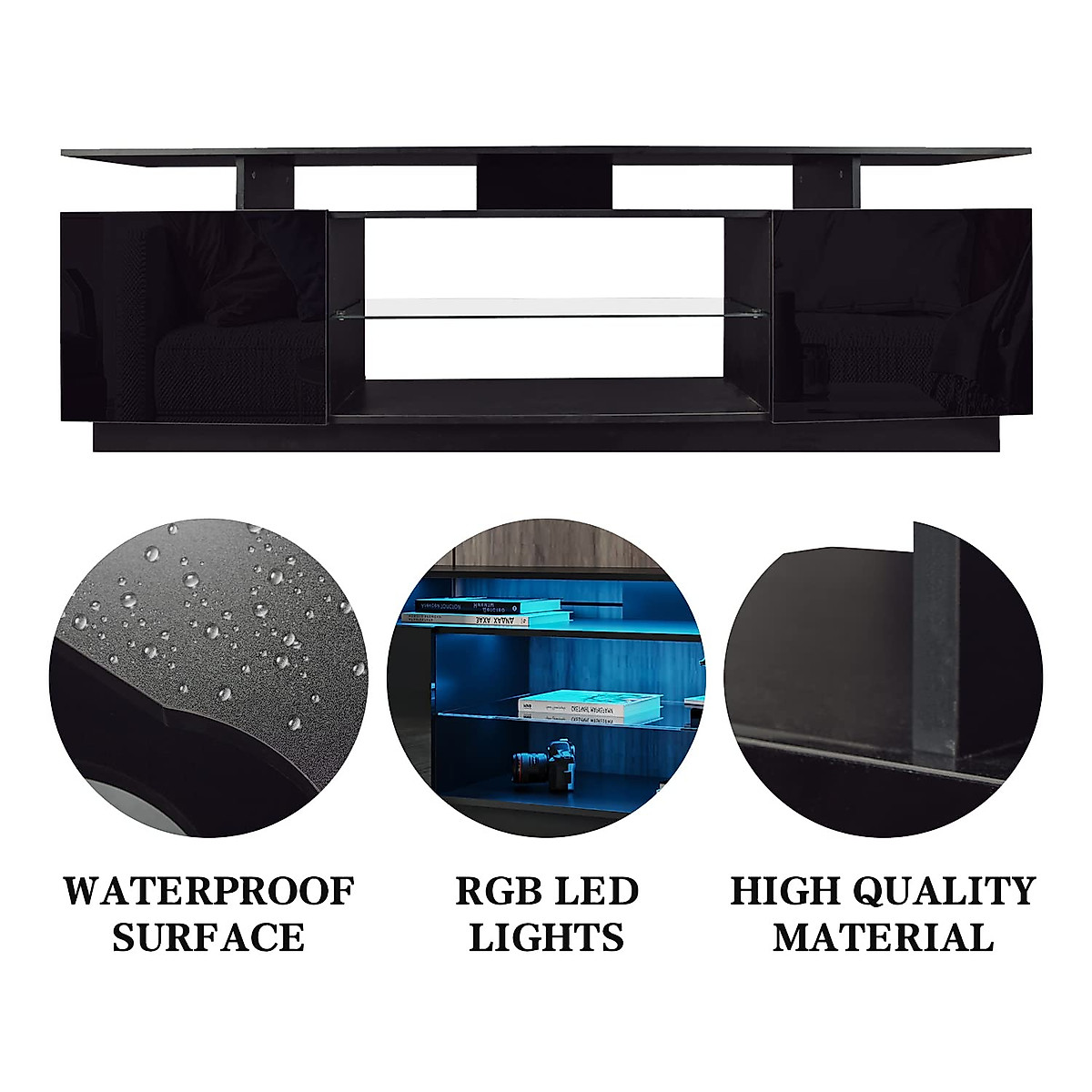 DMAITH Black LED TV Stand for 65 70 75 Inch TV, Modern High Gloss Gaming Entertainment Center with Large Storage Cabinet, TV Media Center with Display Glass Shelves for Living Room, Bedroom