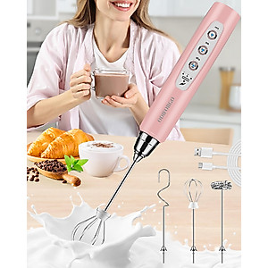 Milk Frother Handheld, USB Type-C Rechargeable Electric Whisk 3 Speed Adjustable, Coffee Frother Wand with 3 Stainless Whisks, Drink Mixer Blender for Latte Cappuccino Matcha Egg