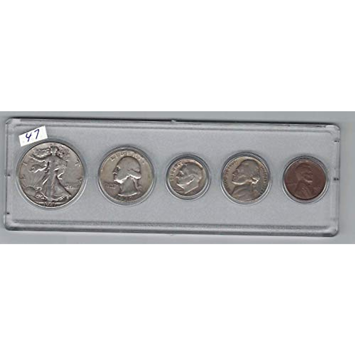 1947 Birth Year Coin Set- (5) Coins - Silver Half Dollar, Silver Quarter, Silver Dime, Nickel, and Lincoln Cent - All dated 1947 in a Plastic Display Holder Fine