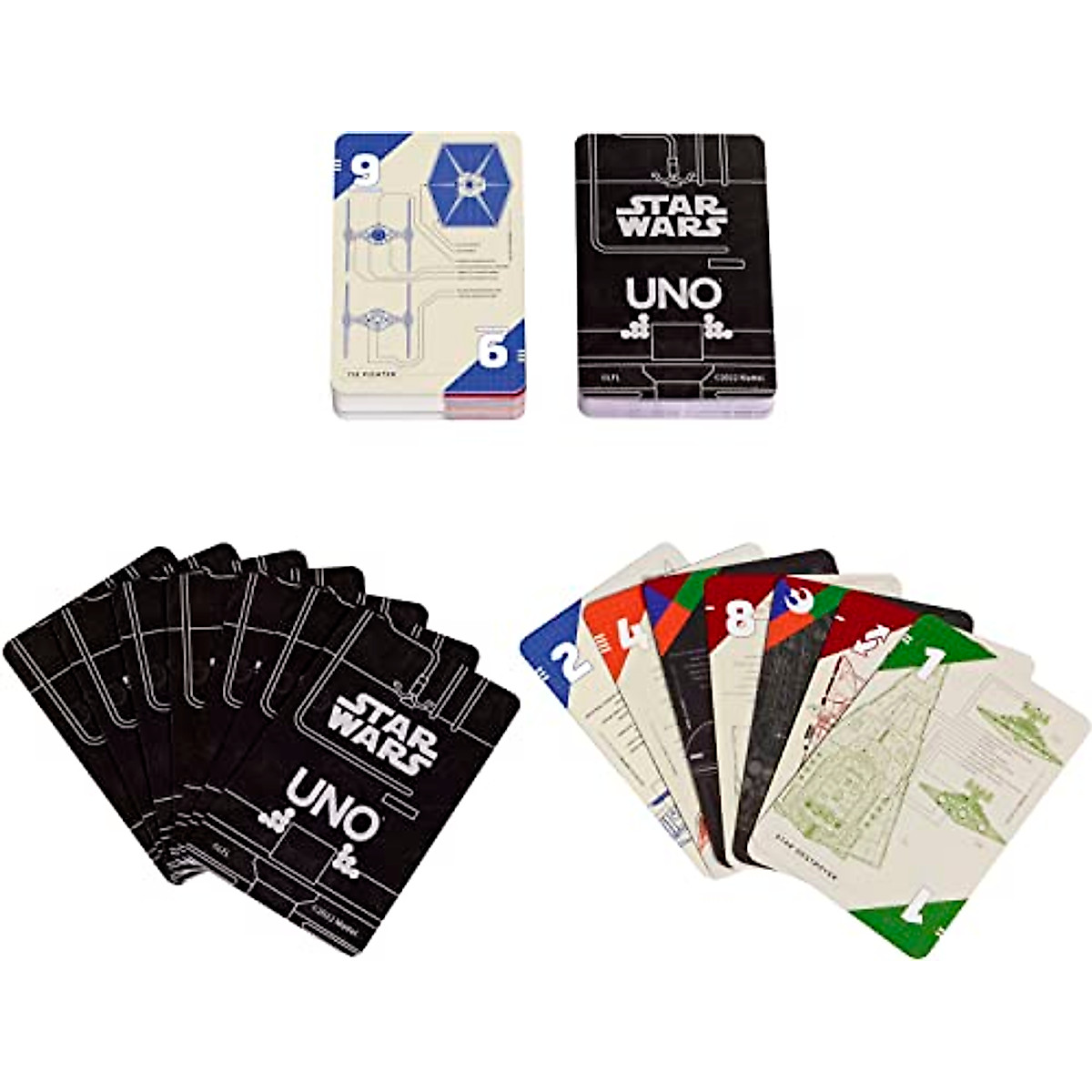 Mattel Games UNO Star Wars Technical Schematics Card Game for Kids & Adults with Blueprints of Space Stations, Ships & Droids