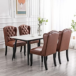 HEAH-YO Refined Upholstered Dining Chairs Set of 6, Armless Kitchen Chairs with Wood Legs and Copper Nails, Tufted PU Fabric Side Chairs for Kitchen and Dining Room, Brown