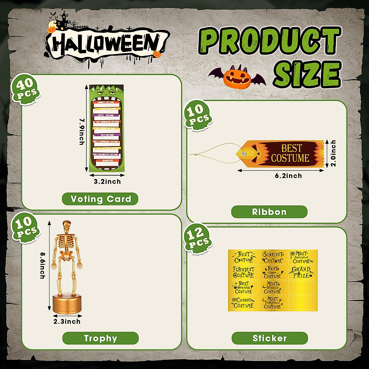 Seenelling 72 Pack Halloween Party Costume Contest Ballot Set of Boxes, 40 Voting Ballots, 10 Skeleton Trophy, 10 Award Ribbons and 12 Gold Stickers for Home Indoor Office Vote Party Game