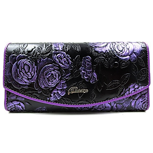 ArtsEye Roses Embossed Genuine Leather Trifold Wallet Purse (Purple)