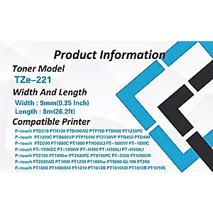 EASY PRINT Compatible P-Touch TZ221 TZe-221 Label Tape 9mm 0.35 Inch Laminated White TZ Tape Label Used for Brother Ptouch Label Maker PT-D200 PT-D210 PT-H100 PT-D400 PT-1290 PT-1750, 9mm x 8m, 5-Pack
