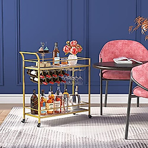 Lifewit Bar Cart, Home Bar Serving Cart, 2 Tier Drink Cart with 9 Wine Bottle Racks, Liquor Beverage Cart for Kitchen Dining Living Room Outdoor, 31.5" x 13" x 34.6", Gold