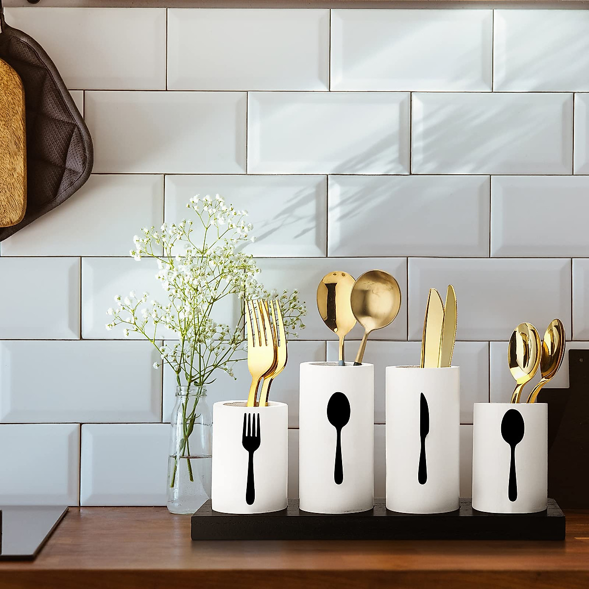 Eaasty 5 Pieces Rustic Silverware Holder Farmhouse Wood Silverware Caddy with Tray Knife Spoon Fork Flatware Holder Countertop Cutlery Organizer Cutlery Holder for Countertop Kitchen (Black, White)