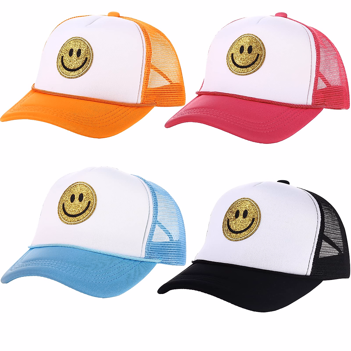 4 Pack Preppy Hat Smile Hat Stylish Smile Face Sequins Printing Trucker Hat Neon High Crown Foam Mesh Back Yellow Glitter Trucker Hat Adjustable Snapback Closure Preppy Stuff for Men and Women