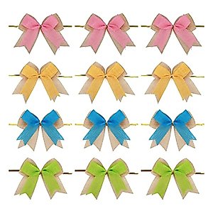 Meseey 12 Pcs Easter Burlap Bows 4 Inch Pink/Yellow/Blue/Grenn Spring Bow for Holiday Spring Wreath DIY Crafts Home Decoration (Spring)
