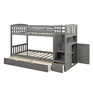 SOFTSEA Twin Over Twin/Full Bunk Bed with Staircase and Cabinet Wooden Bunk Bed Convertible into 2 Beds with Drawers for Kids