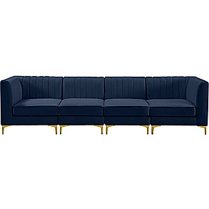 Meridian Furniture Alina Collection Velvet Upholstered Modular Sofa with Deep Channel Tufting, 119" Wide, Navy