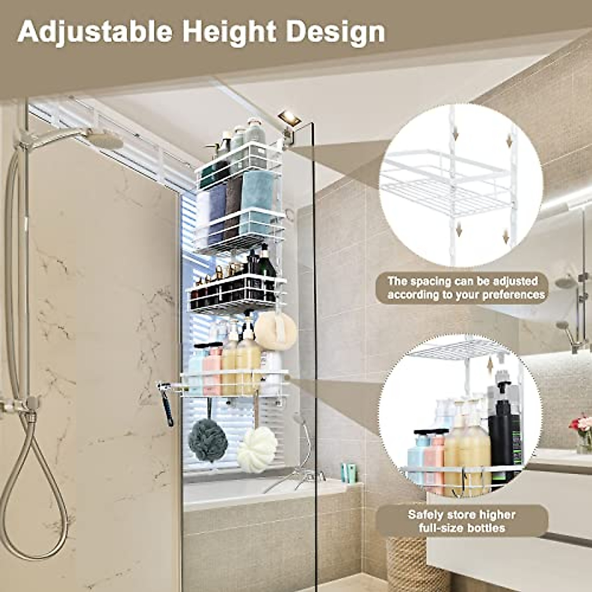 melos White Over The Door Shower Caddy, 4 Tier 29inch Height Adjustable over the door shower organizer Hanging Bathroom Shelf with Soap Holder, No Drilling