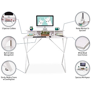 Stand Steady Joy Standing Desk | Pretty Standing Desk with Shelf & Built-in Storage Cubbies | Modern Stand Up Workstation | Tall Desk & Reception Table for Home, Dorm & Office (White / 48in x 42in)