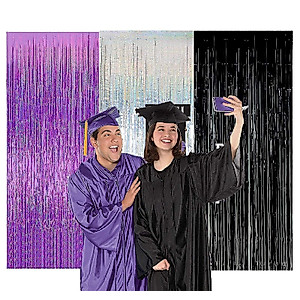 Graduation Party Decorations Purple Silver Black 2024/Purple Black Graduation Decorations 2024/Birthday Decorations for Women Purple Silver Black Foil Fringe Curtains