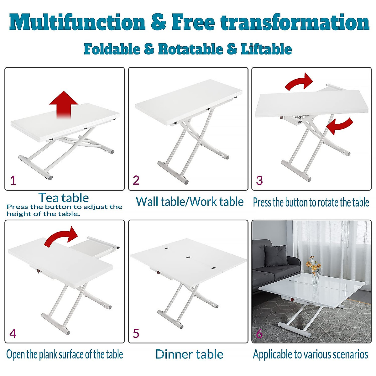MYSELFLY Living Room Dinning Tables Folding Metal Lift Bracket Multifunction Transform Dinner Kitchen Coffee Tea End Table in Home Wood Desktop Design 40x35 White