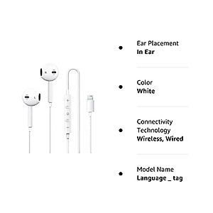 Apple Earbuds with Lightning Headphones, in-Line Noise Cancelling Wired Earbuds, Compatible with iPhone 13/12/11/11 Pro/MAX/SE/7/8 [Apple MFi Certified], Supports All iOS Systems, White