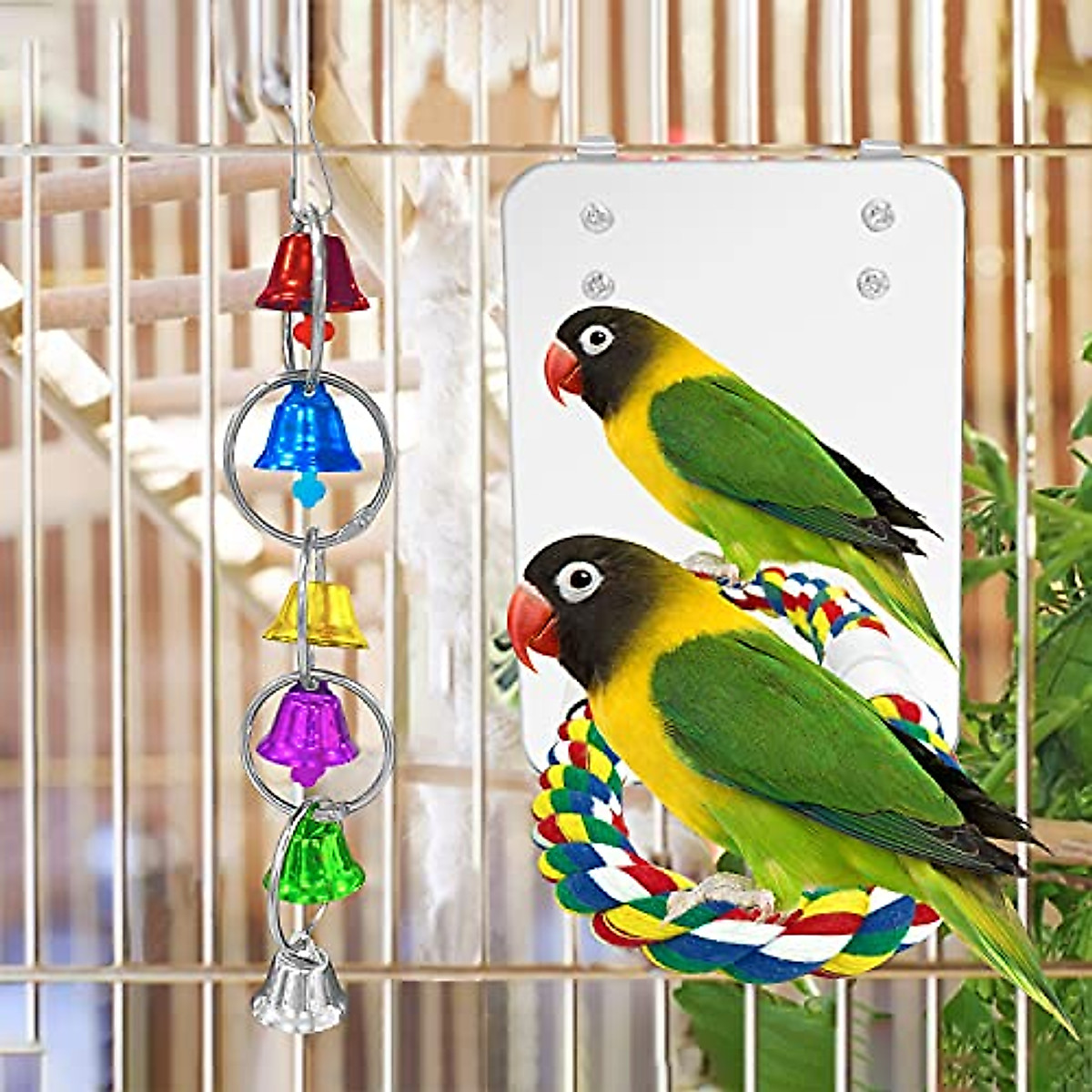Eeaivnm 7 Inch Pet Bird Mirror Swing Parrot Cage Toys with Rope Perch, Parrot Parakeet Mirror with Bird Swing Bell Toys for Parakeet Cockatoo Cockatiel Conure Lovebirds Finch Canaries