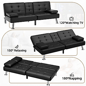 Acurax Futon Sofa Bed, Modern Faux Leather Convertible Folding Lounge Couch for Living Room with 2 Cup Holders Removable Soft Armrest and Sturdy Metal Legs, Black