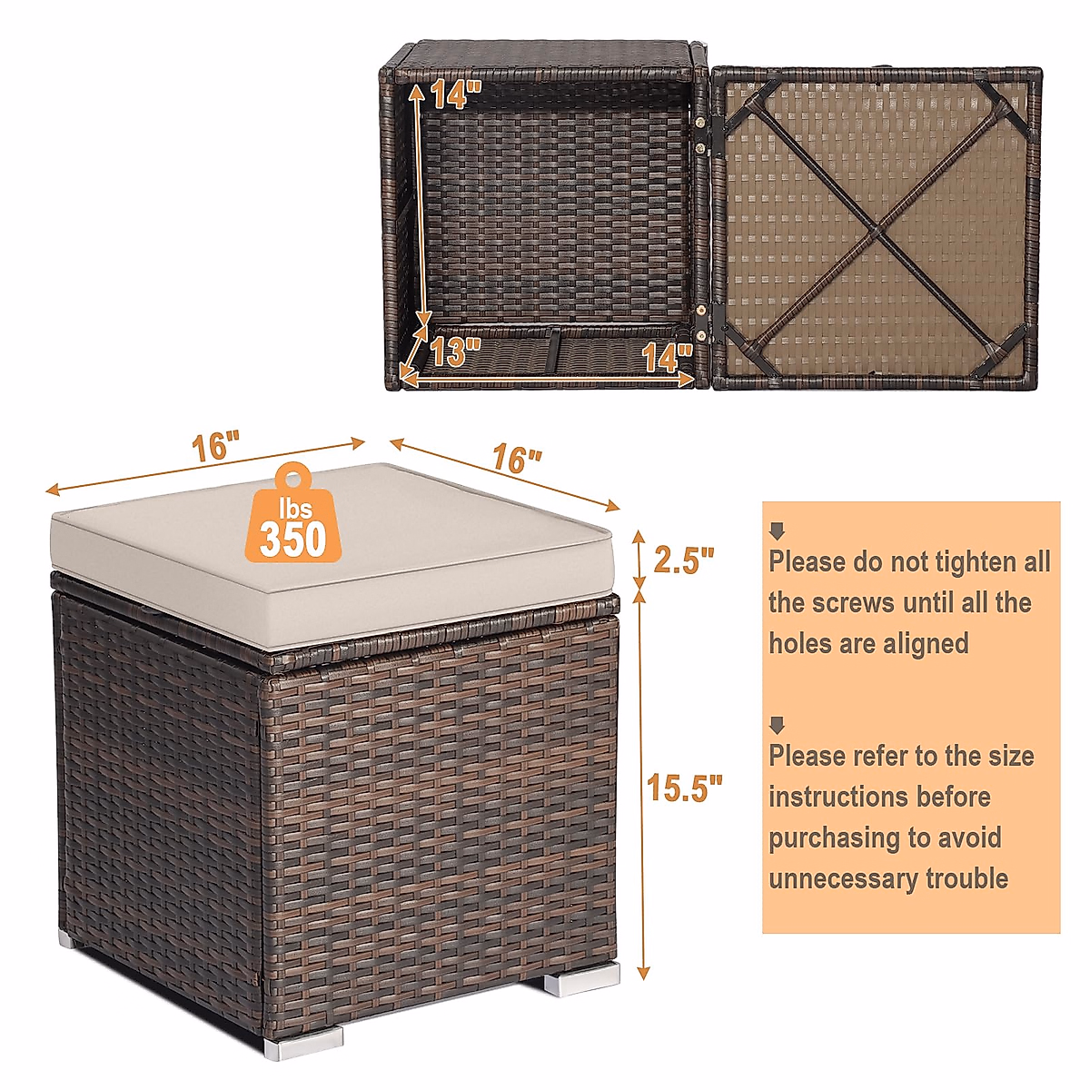 MEDIMALL Patio Wicker Ottoman Set of 2, Multipurpose Outdoor Footstool w/Removable Cushions, Rattan Side Table w/Storage, Footstool Ottoman Seat for Garden, Backyard, Poolside (Beige)