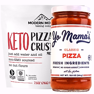 Yo Mama's Keto Pizza Sauce & Keto Pizza Crust Bundle - Just 2g Net Carbs Per Serving - The Easy Keto Pizza Night Kit - Incredible Pizza Taste and Texture - Low Carb - Zero Added Sugar - Non-GMO Sourced (One 12.5 oz. Jar Yo Mama's Pizza Sauce, One Pouch Mo