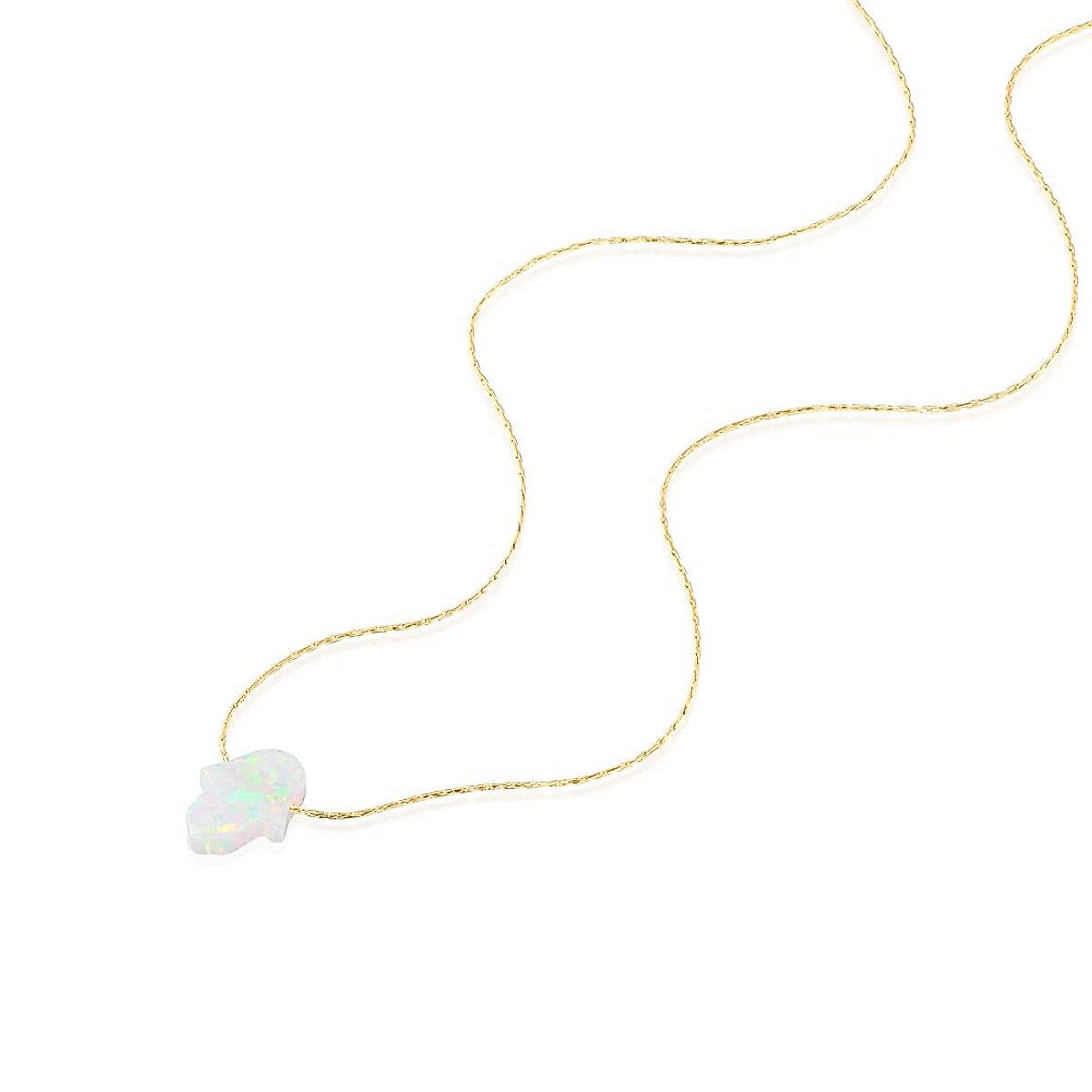 Delicate 14K Gold Filled Opal Hamsa Choker Necklace - Designer Handmade Minimalist Collar with Small White Hand - 13.5 inch + 3 inch extending chain