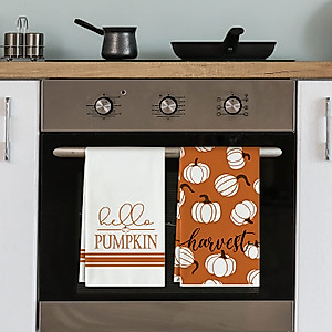 AnyDesign Fall Kitchen Dish Towel 18 x 28 Inch Hello Pumpkin Thanksgiving Harvest Tea Towel Autumn Orange White Dishcloth Rustic Farmhouse Hand Drying Cloth Towel for Kitchen Cooking Baking, 2 Pack