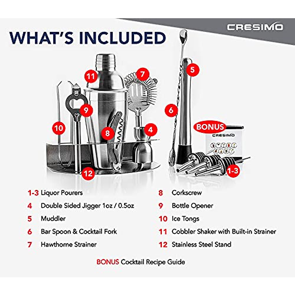 Cocktail Shaker Set with Stand- 12 Piece Stainless Steel Cocktail Set - 18oz Bar Shaker Set, Bar Tools, Perfect Cocktail Kit for Beginners or Professionals, Mixology Bartender Kit, Bar Kit - Cresimo